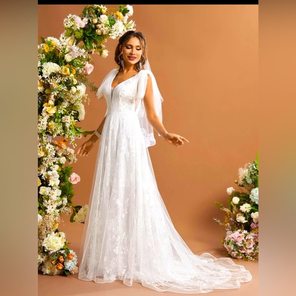 Dresses | Floral Embroidered Bow Mesh Floor Length Wedding Dress ...